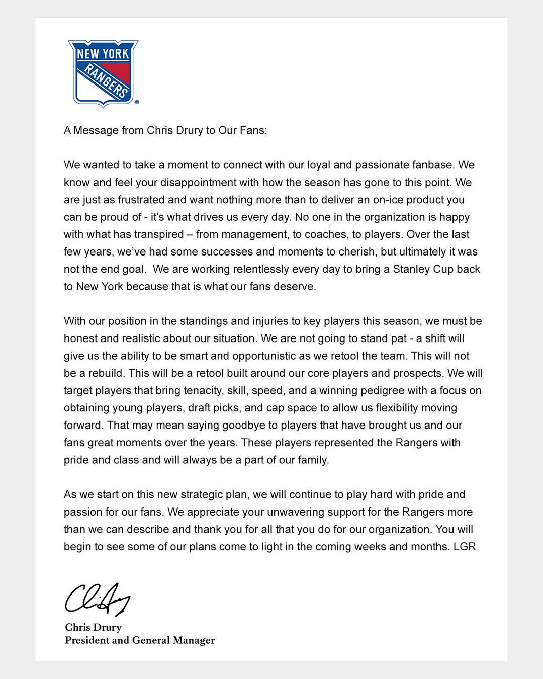 New York Rangers Announce Retool Amid Disappointing Season